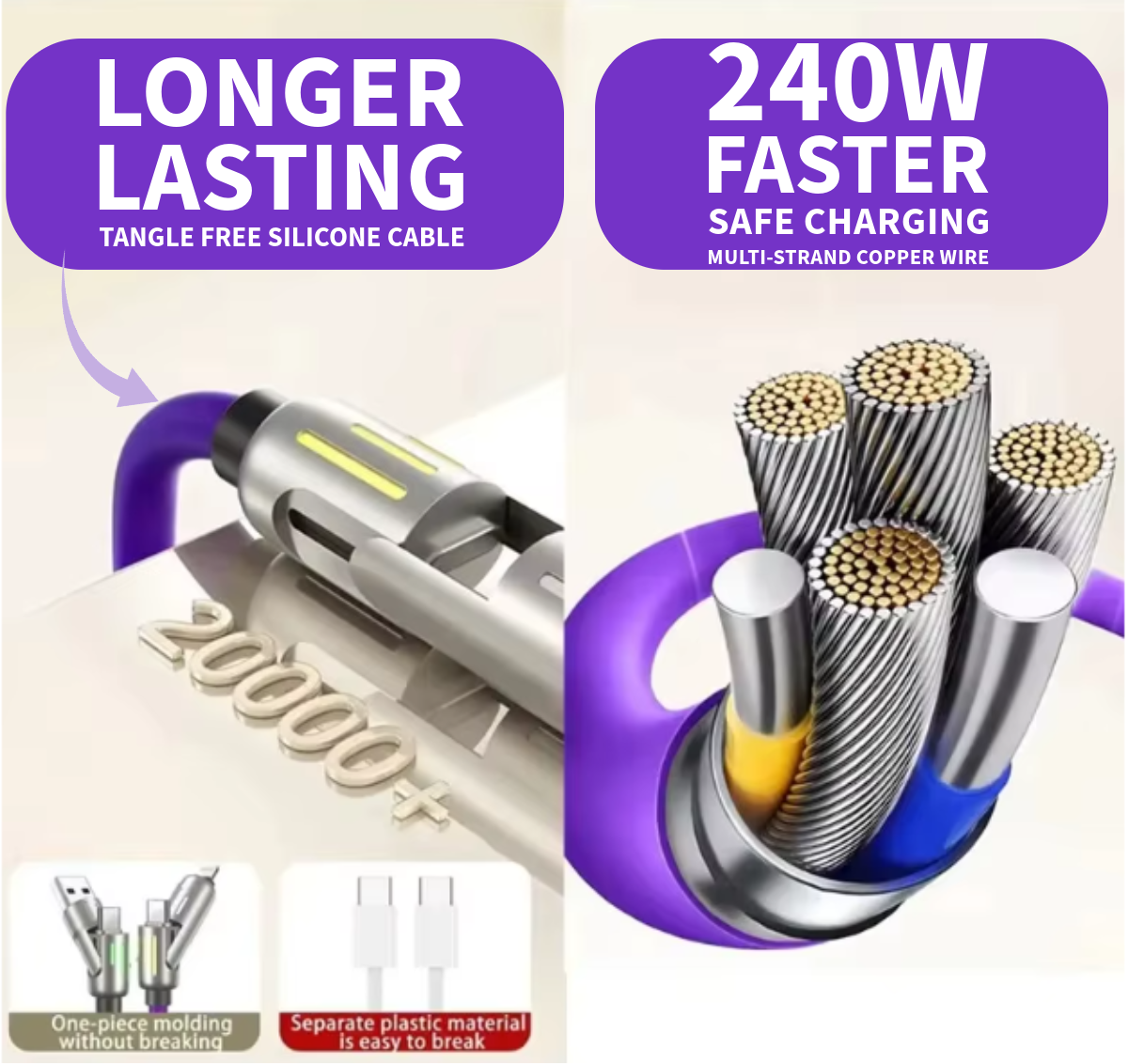 4-in-1 Multi USB Fast Charger Cable 240W USB A, Type C, 65W Max for iP ...